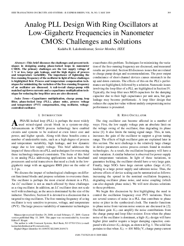 Pdf Analog Pll Design With Ring Oscillators At Low Gigahertz Frequencies In Nanometer Cmos