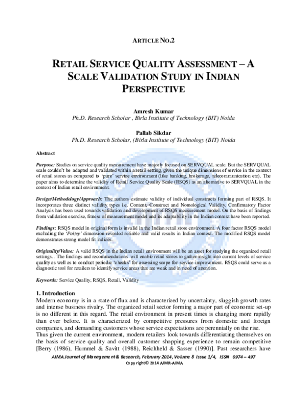 (PDF) Retail service quality assessment – A scale validation study in ...