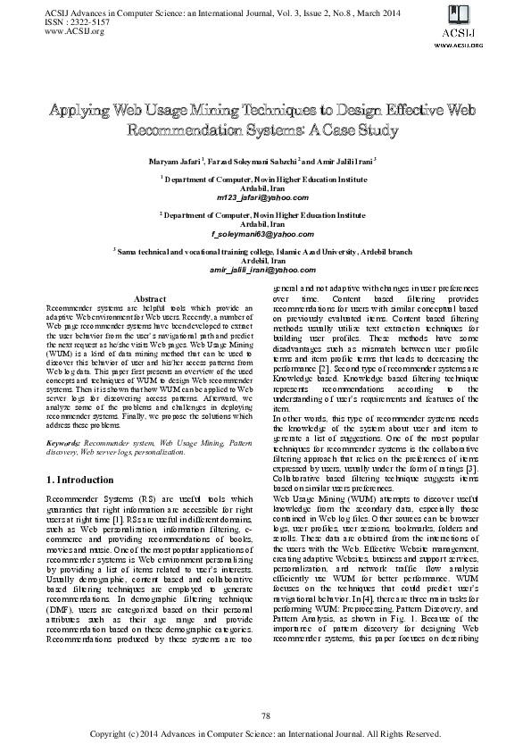 (PDF) Applying Web Usage Mining Techniques to Design Effective Web Recommendation Systems: A ...