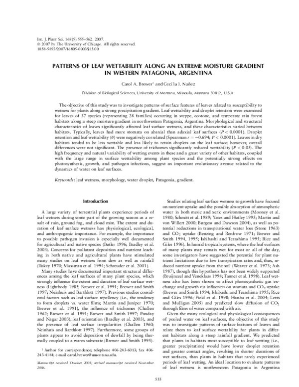 Pdf Patterns Of Leaf Wettability Along An Extreme Moisture Gradient