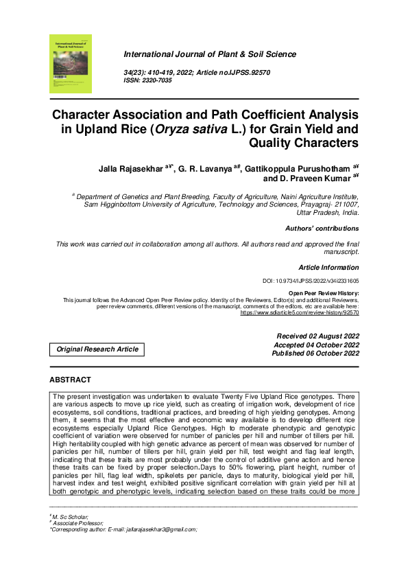 Pdf Character Association And Path Coefficient Analysis In Upland Rice Oryza Sativa L For