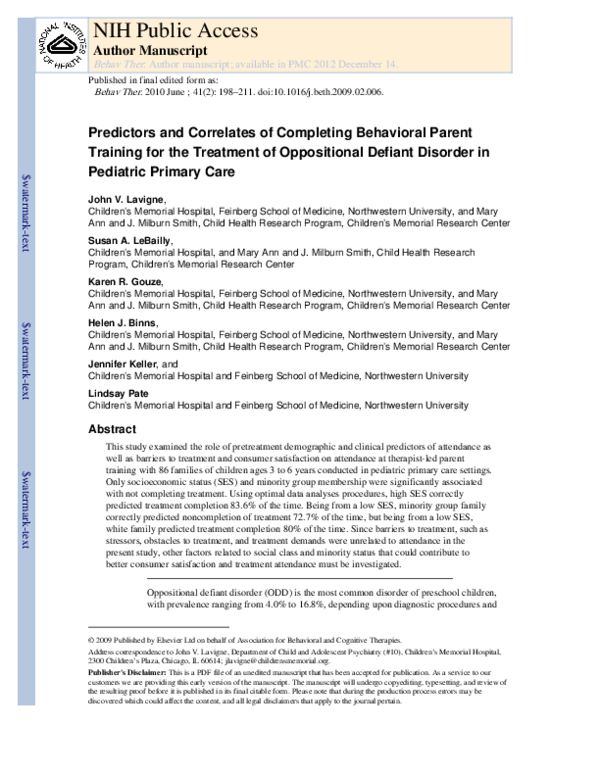 (PDF) Predictors and Correlates of Completing Behavioral Parent ...