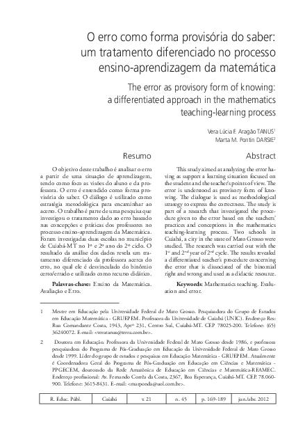 (PDF) O erro como forma provisória do saber: um tratamento diferenciado no processo ensino ...
