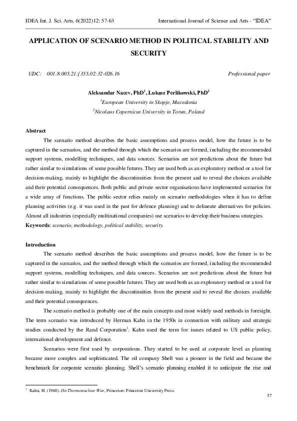 (PDF) Application of Scenario Method in Political Stability and Security