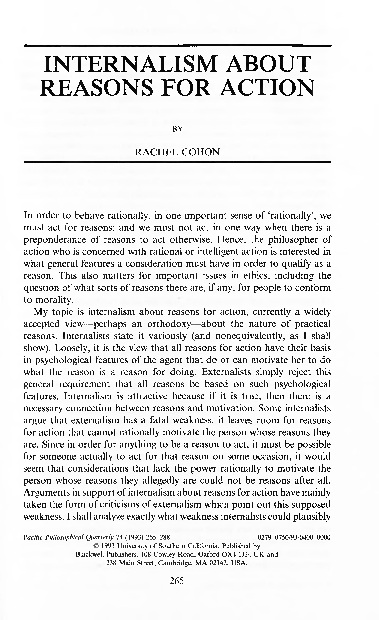 (PDF) Internalism About Reasons for Action