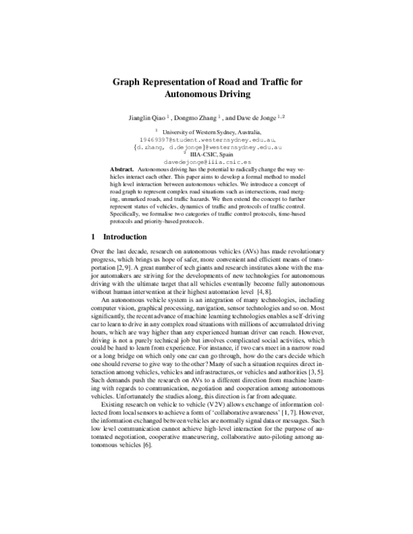 (PDF) Graph Representation of Road and Traffic for Autonomous Driving