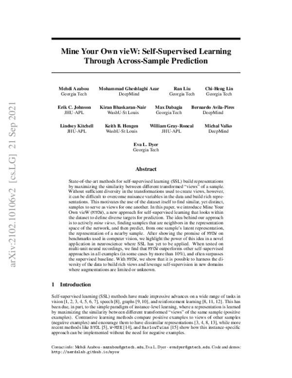 (PDF) Mine Your Own vieW: Self-Supervised Learning Through Across-Sample Prediction