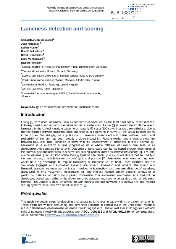 (PDF) Lameness detection and scoring