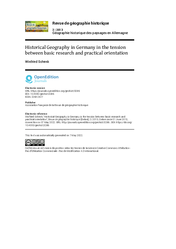 (PDF) Historical Geography in Germany in the tension between basic ...