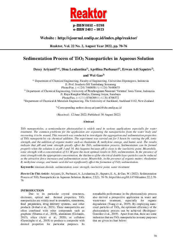 (PDF) Sedimentation Process of TiO2 Nanoparticles in Aqueous Solution