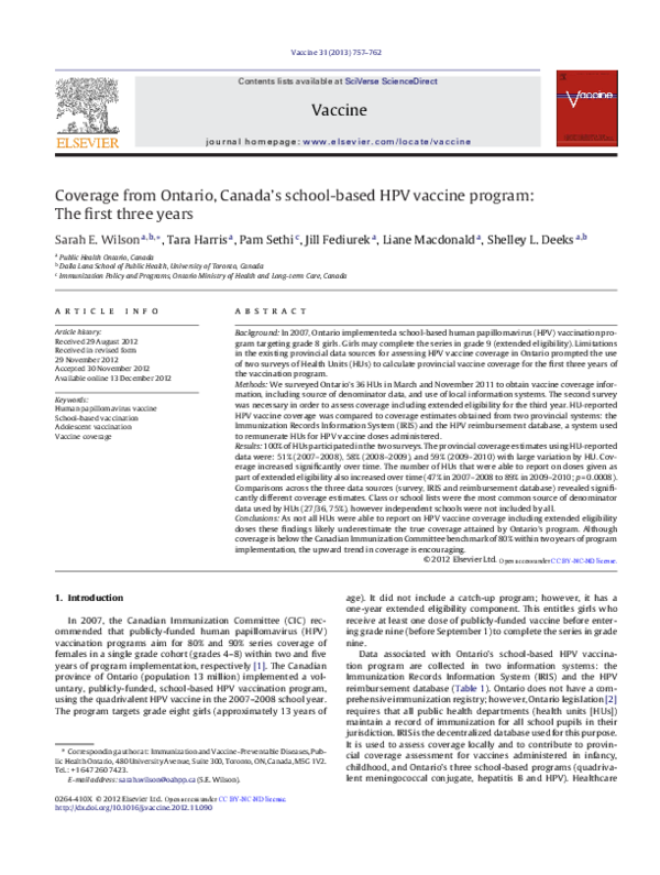 (PDF) Coverage from Ontario, Canada's school-based HPV vaccine program ...