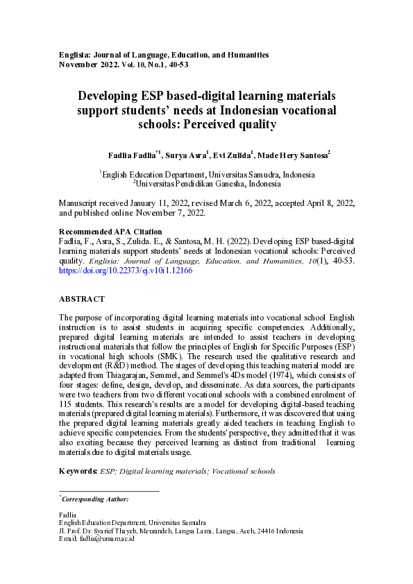 (PDF) Developing ESP based-digital learning materials support students’ needs at Indonesian ...