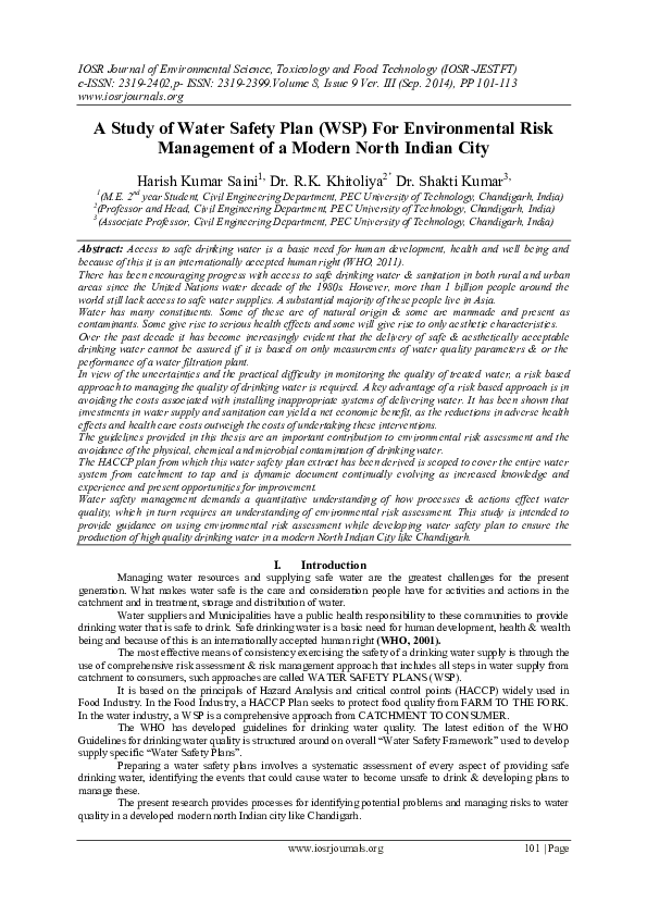 (PDF) A Study of Water Safety Plan (WSP) For Environmental Risk ...