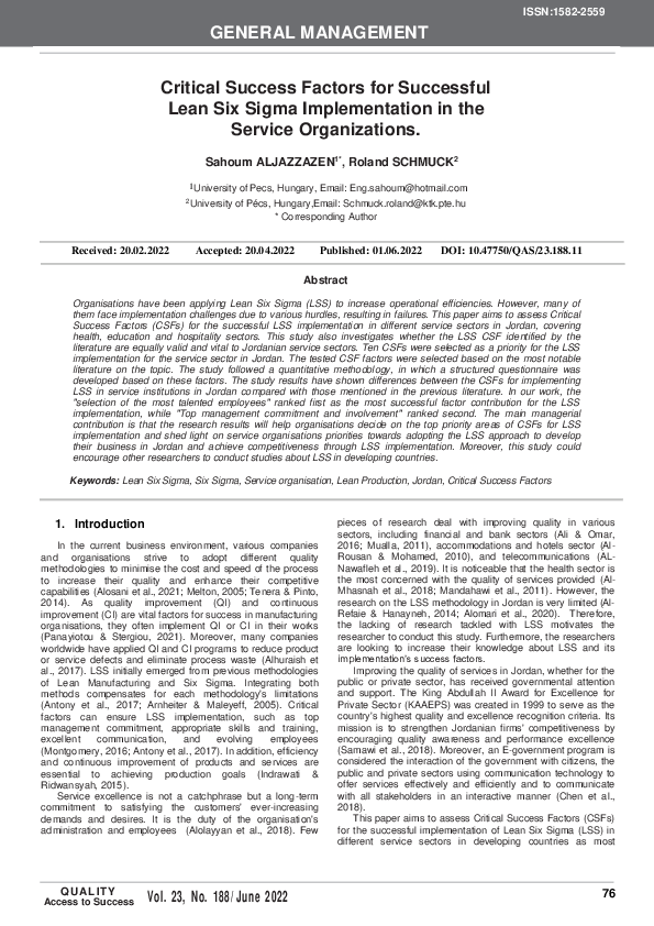 (PDF) Critical Success Factors for Successful Lean Six Sigma Implementation in the Service ...