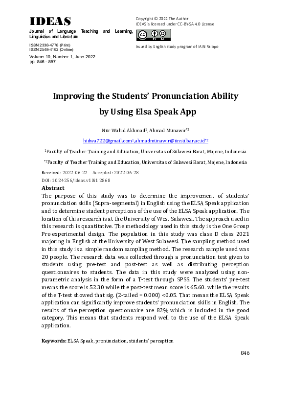 (PDF) Improving the Students’ Pronunciation Ability by Using Elsa Speak App
