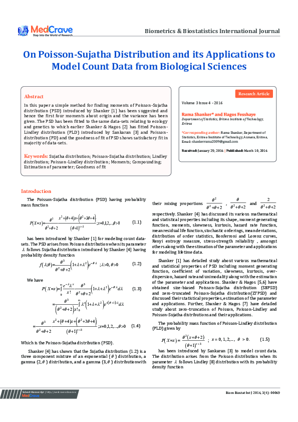 (PDF) On Poisson-Sujatha Distribution and its Applications to Model Count Data from Biological ...