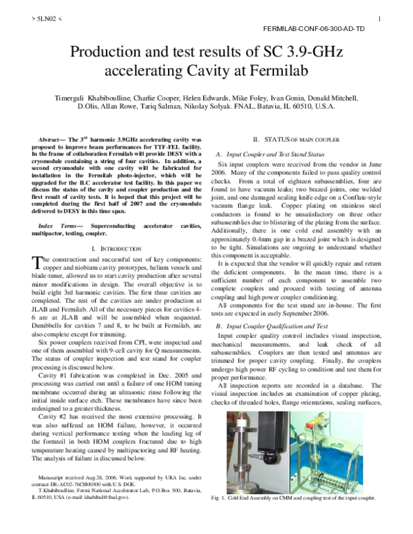 (PDF) 3.9-GHz Accelerating Cavity Results at Fermilab