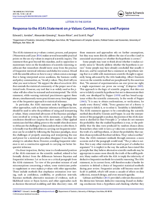 (PDF) Response to the ASA’s Statement on p-Values: Context, Process ...