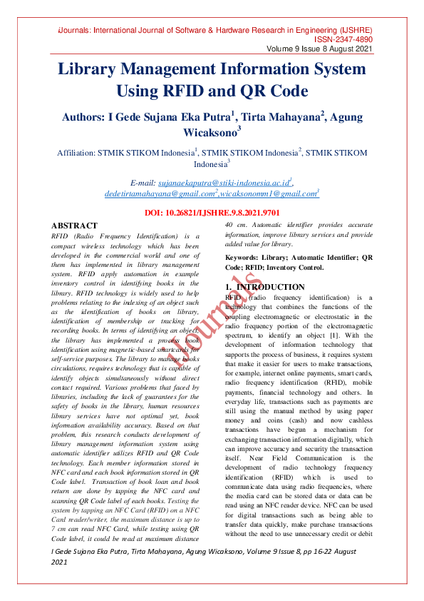 (PDF) Library Management Information System Using RFID and QR Code