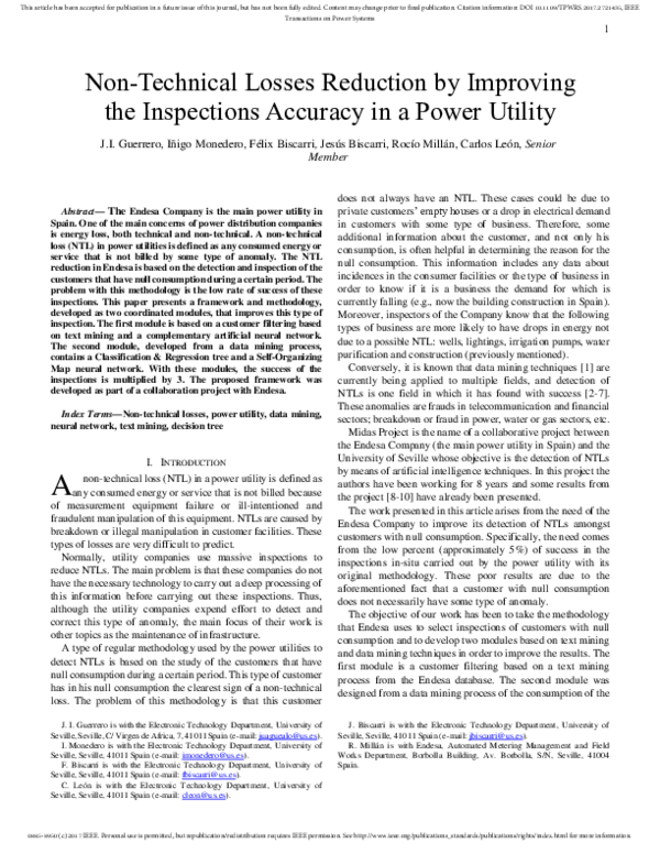 (PDF) Non-Technical Losses Reduction by Improving the Inspections Accuracy in a Power Utility