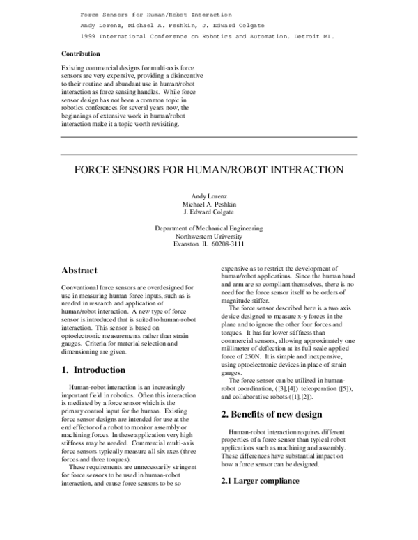 (PDF) New sensors for new applications: force sensors for human/robot interaction