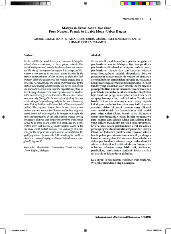(PDF) Malaysian urbanization transition: from nascent, pseudo to livable mega-urban region