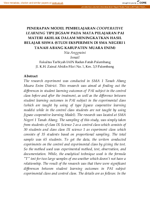 (PDF) Penerapan Model Pembelajaran Cooperative Learning Tipe Jigsaw Pada Mata Pelajaran Pai ...