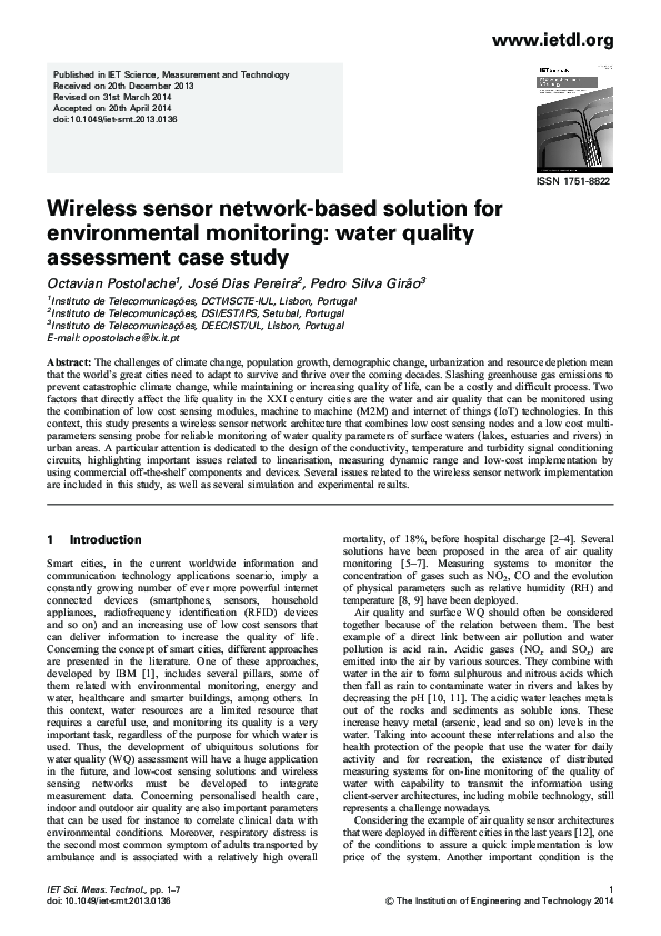 (PDF) Wireless sensor network‐based solution for environmental monitoring: water quality ...