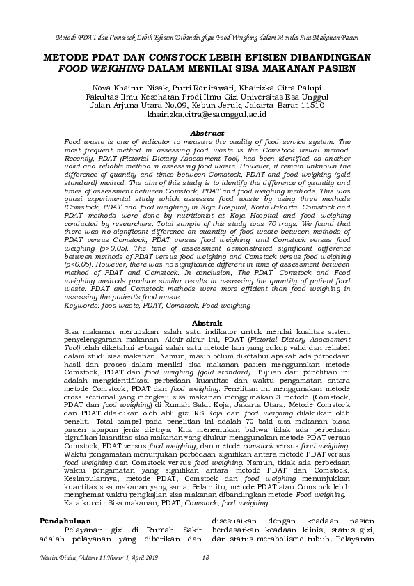 (PDF) Metode Pdat Dan Comstock Lebih Efisien Dibandingkan Food Weighing ...