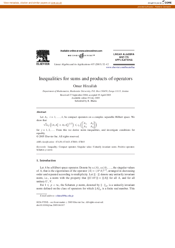 (PDF) Inequalities for sums and products of operators