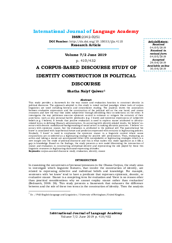 (PDF) A Corpus-Based Discourse Study of Identity Construction in Political Discourse