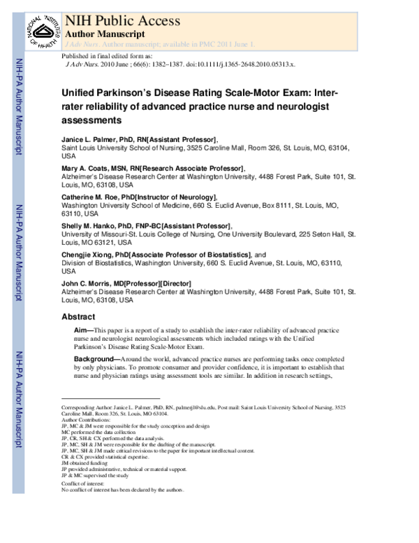 (PDF) Unified Parkinson’s Disease Rating Scale-Motor Exam: inter-rater ...