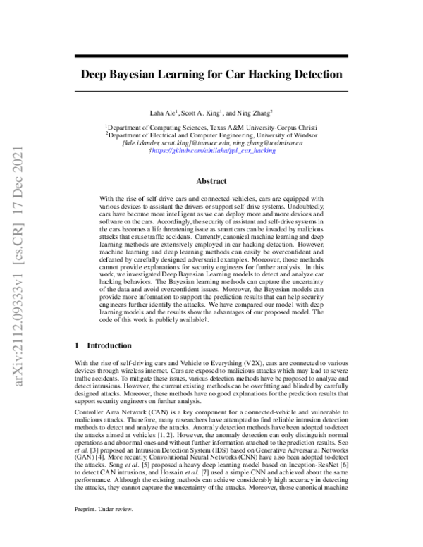 (PDF) Deep Bayesian Learning for Car Hacking Detection (PDF) Deep Bayesian Learning for Car Hacking Detection