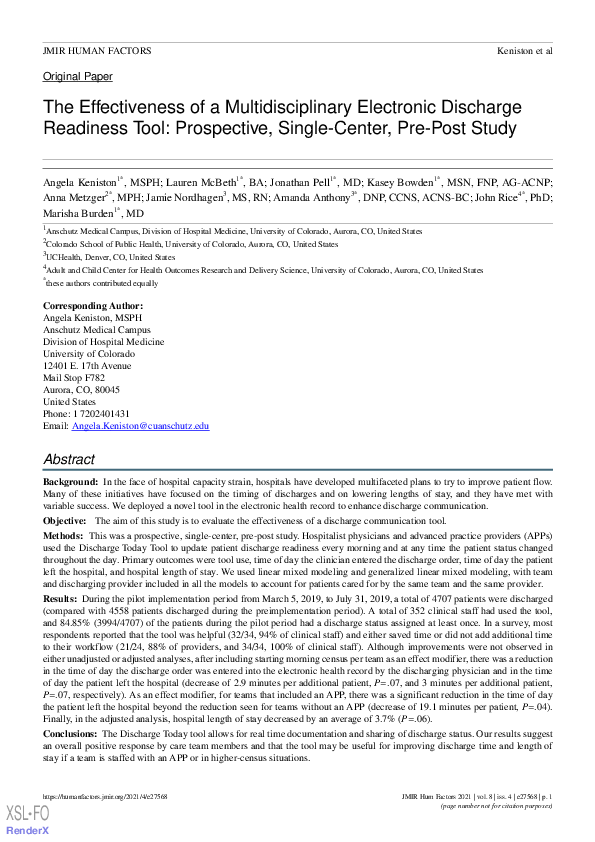 (PDF) Discharge Today: The effectiveness of a multidisciplinary ...