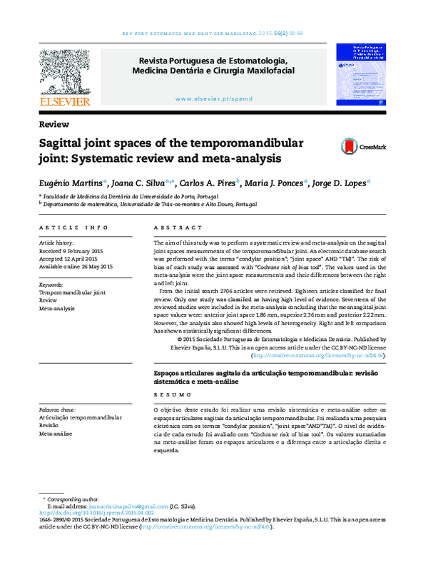 (PDF) Sagittal joint spaces of the temporomandibular joint: Systematic review and meta-analysis ...