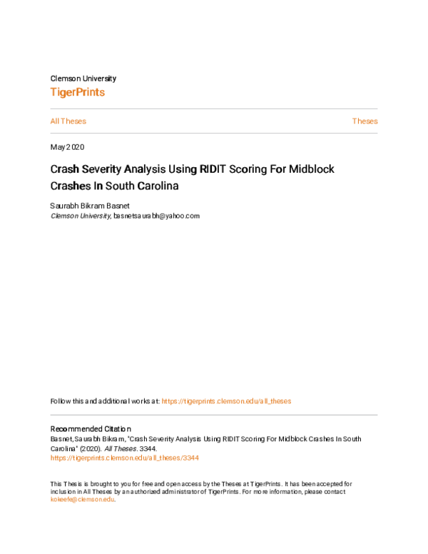 (PDF) Crash Severity Analysis Using RIDIT Scoring For Midblock Crashes In South Carolina