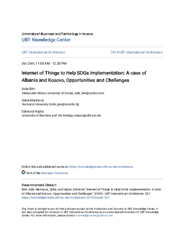 (PDF) Internet of Things to Help SDGs Implementation: A case of Albania and Kosovo ...