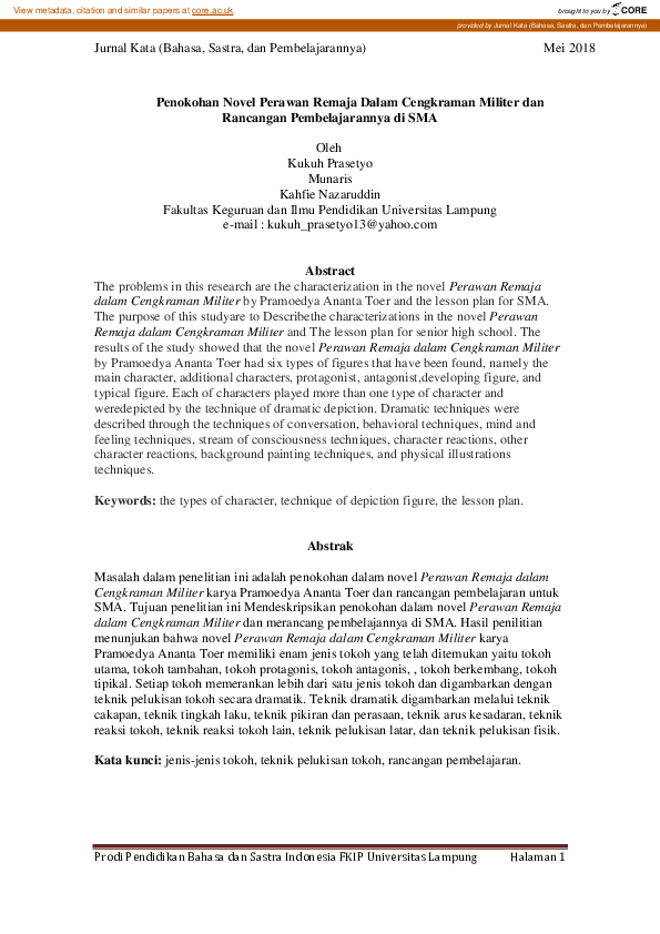(PDF) Penokohan Novel Perawan Remaja Dalam Cengkraman Militer dan ...