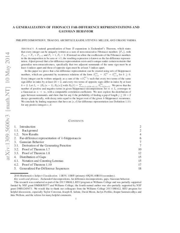 (PDF) A Generalization of Fibonacci Far-Difference Representations and Gaussian Behavior
