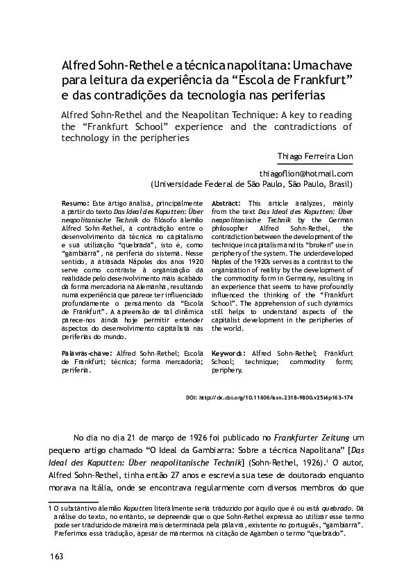 (PDF) Alfred Sohn-Rethel e a técnica napolitana: Uma chave para leitura ...