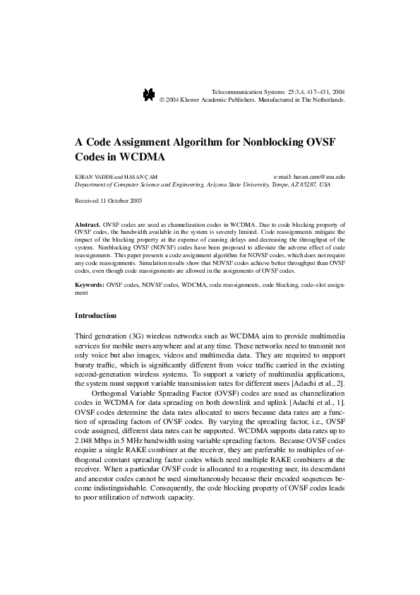 Pdf A Code Assignment Algorithm For Nonblocking Ovsf Codes In Wcdma 4912