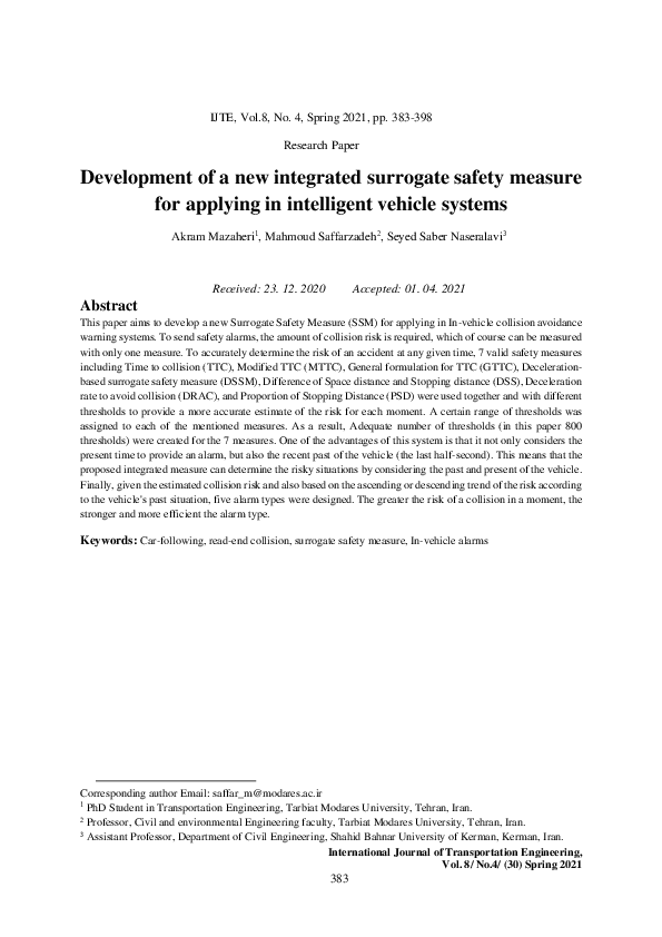 (PDF) Development of a new integrated surrogate safety measure for applying in intelligent ...