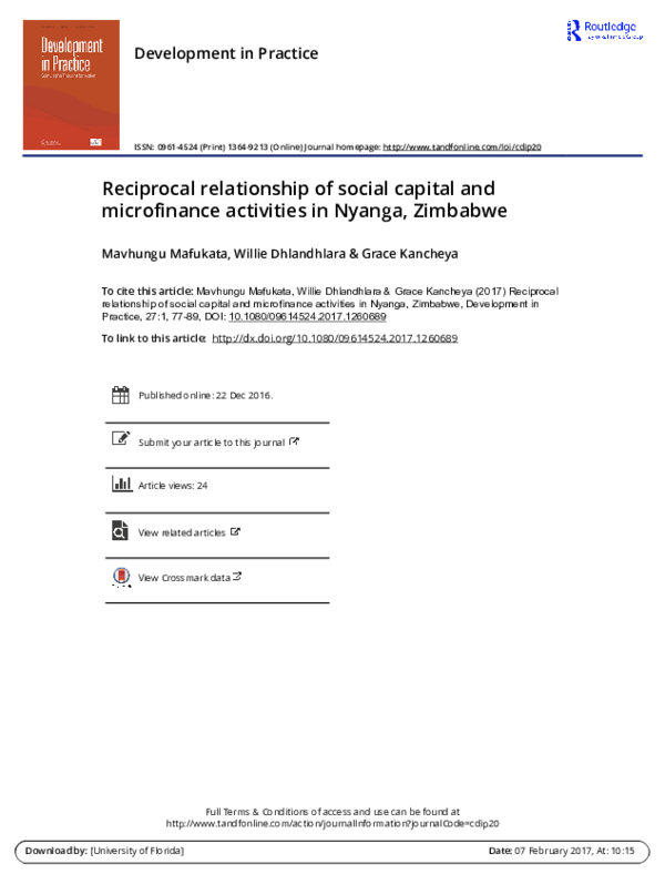 (PDF) Reciprocal relationship of social capital and microfinance activities in Nyanga, Zimbabwe