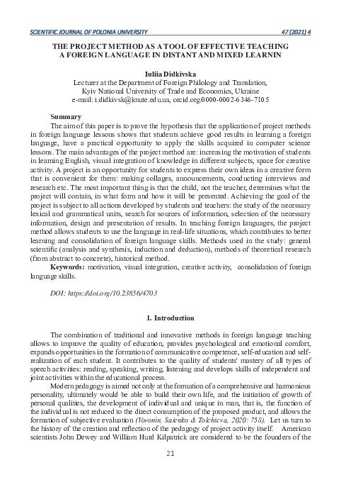 (PDF) The Project Method as a Tool of Effective Teaching a Foreign Language in Distant and Mixed ...