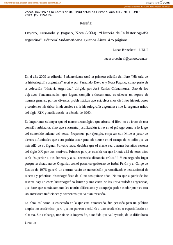 (PDF) Devoto, Fernando y Pagano, Nora (2009): "Historia de la historiografía argentina ...
