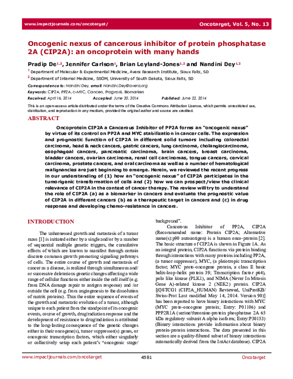(PDF) Oncogenic nexus of cancerous inhibitor of protein phosphatase 2A ...