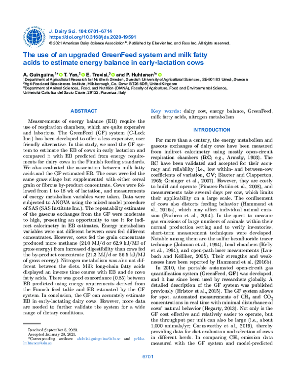 (PDF) The use of an upgraded GreenFeed system and milk fatty acids to estimate energy balance in ...
