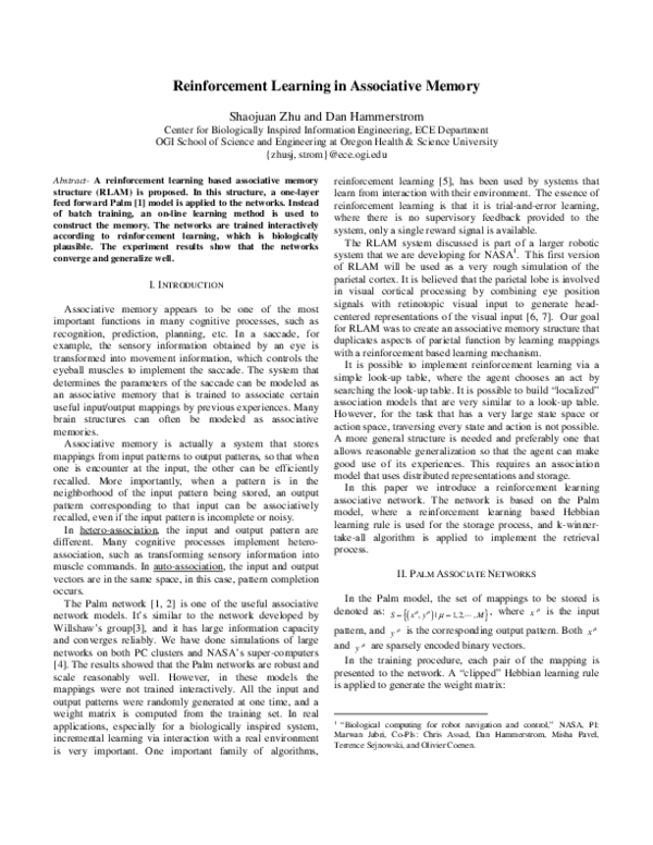 (PDF) Reinforcement learning in associative memory