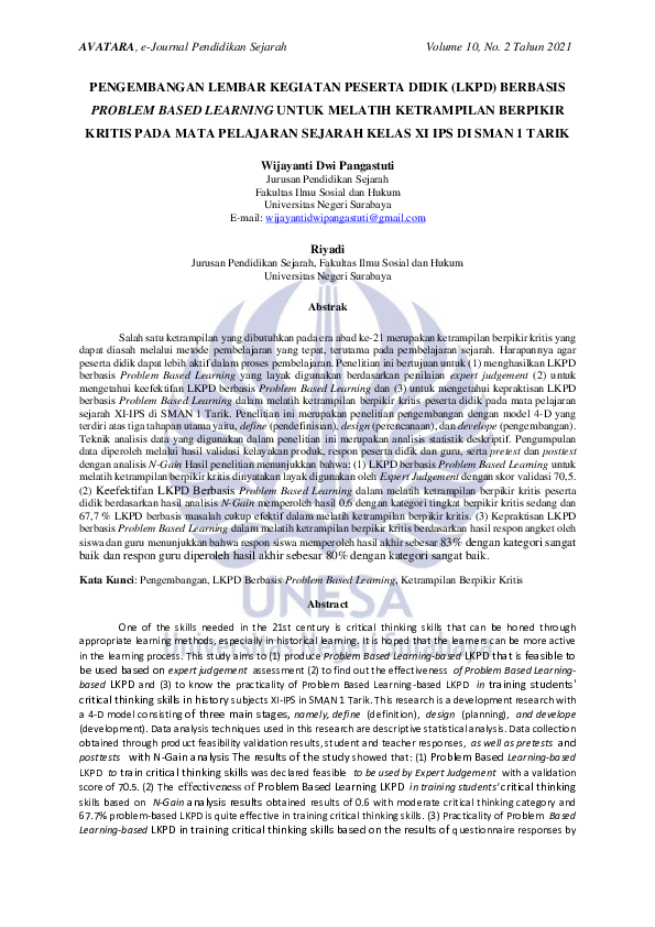(PDF) Pengembangan Lembar Kegiatan Peserta Didik (LKPD) Berbasis Problem Based Learning Untuk ...