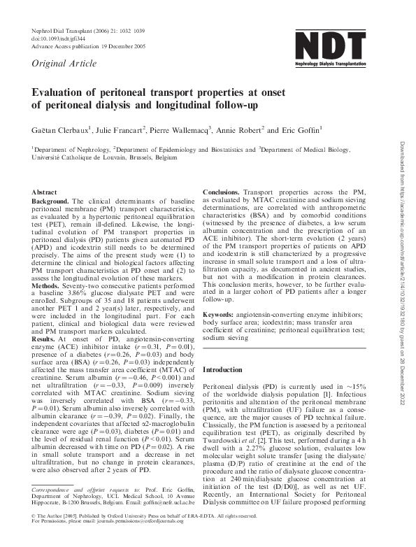 (PDF) Evaluation of peritoneal transport properties at onset of ...